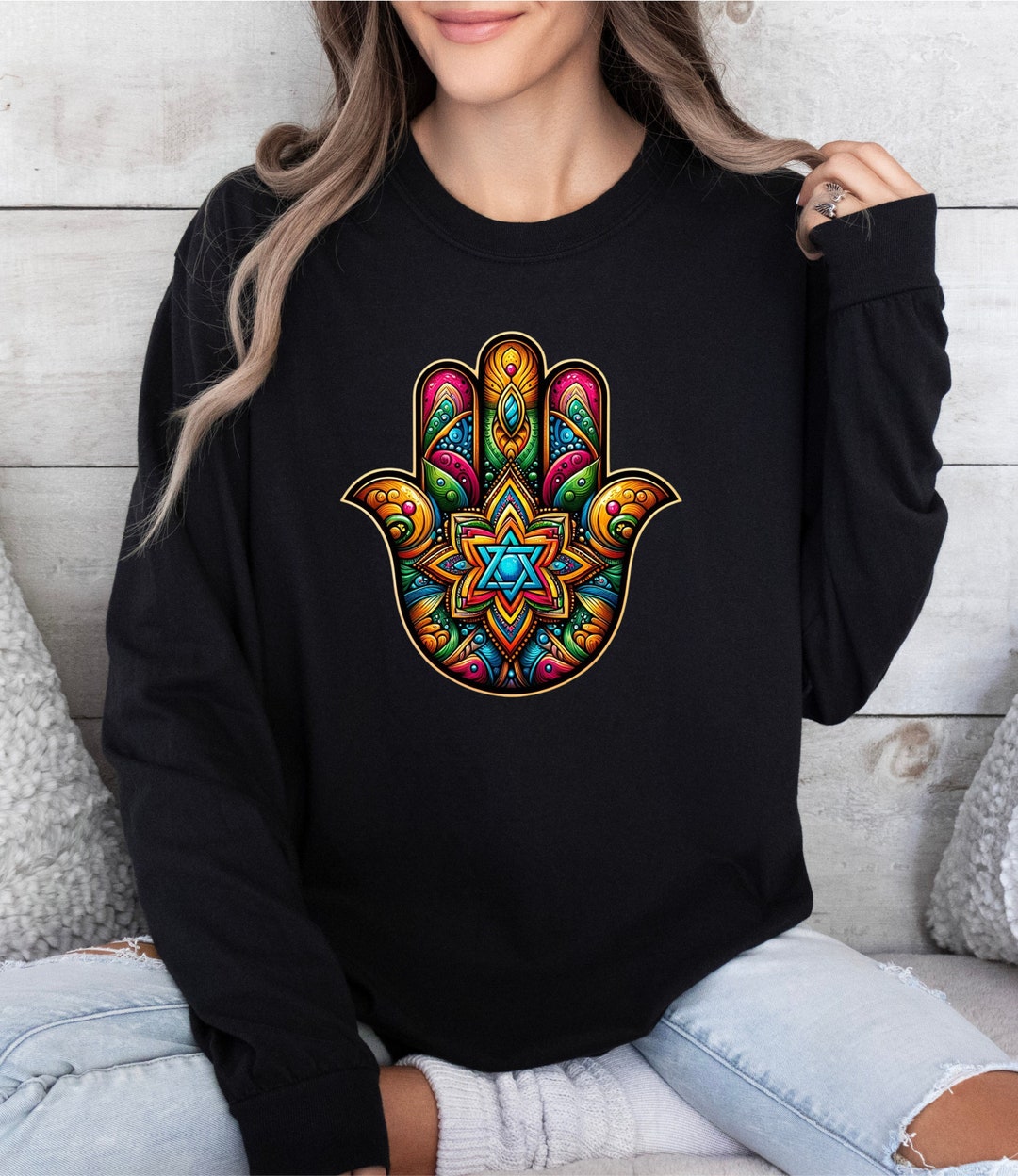 Hamsa Hand With Star of David Protection Long Sleeve T-shirt, Jewish ...