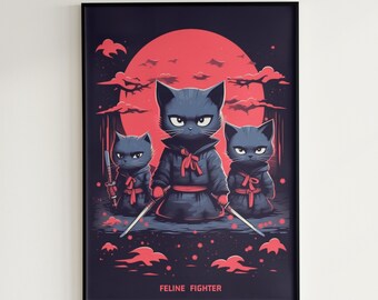 Cute Ninja Cat Digital Poster, Vintage, Samurai, Digital Print ...
