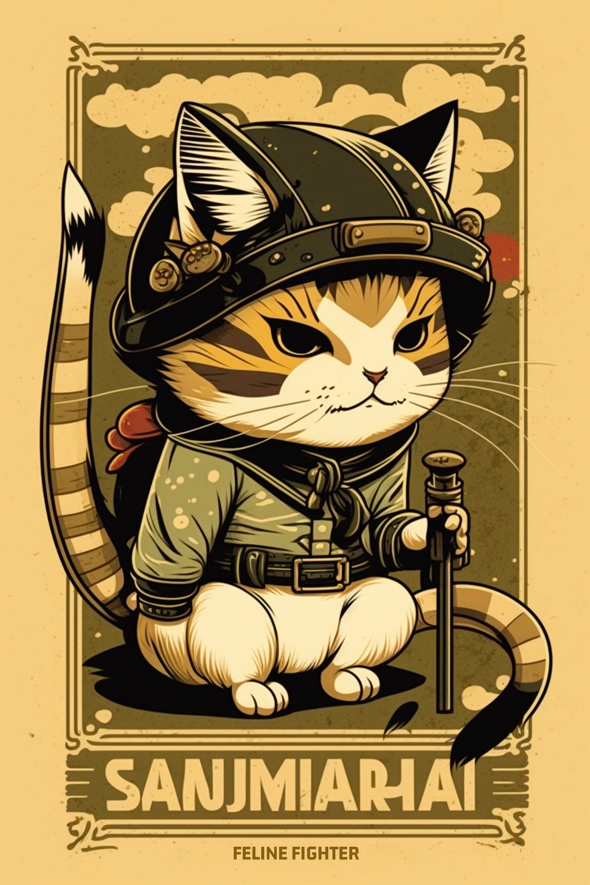 Cute Ninja Cat Digital Poster, Vintage, Samurai, Digital Print ...