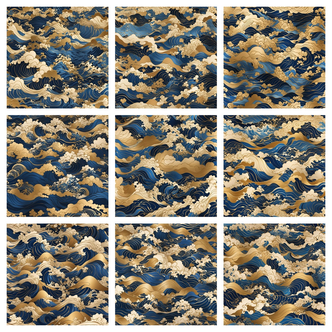 12 Japanese Waves, Golden Hokusai-inspired Wave Patterns II . Digital ...