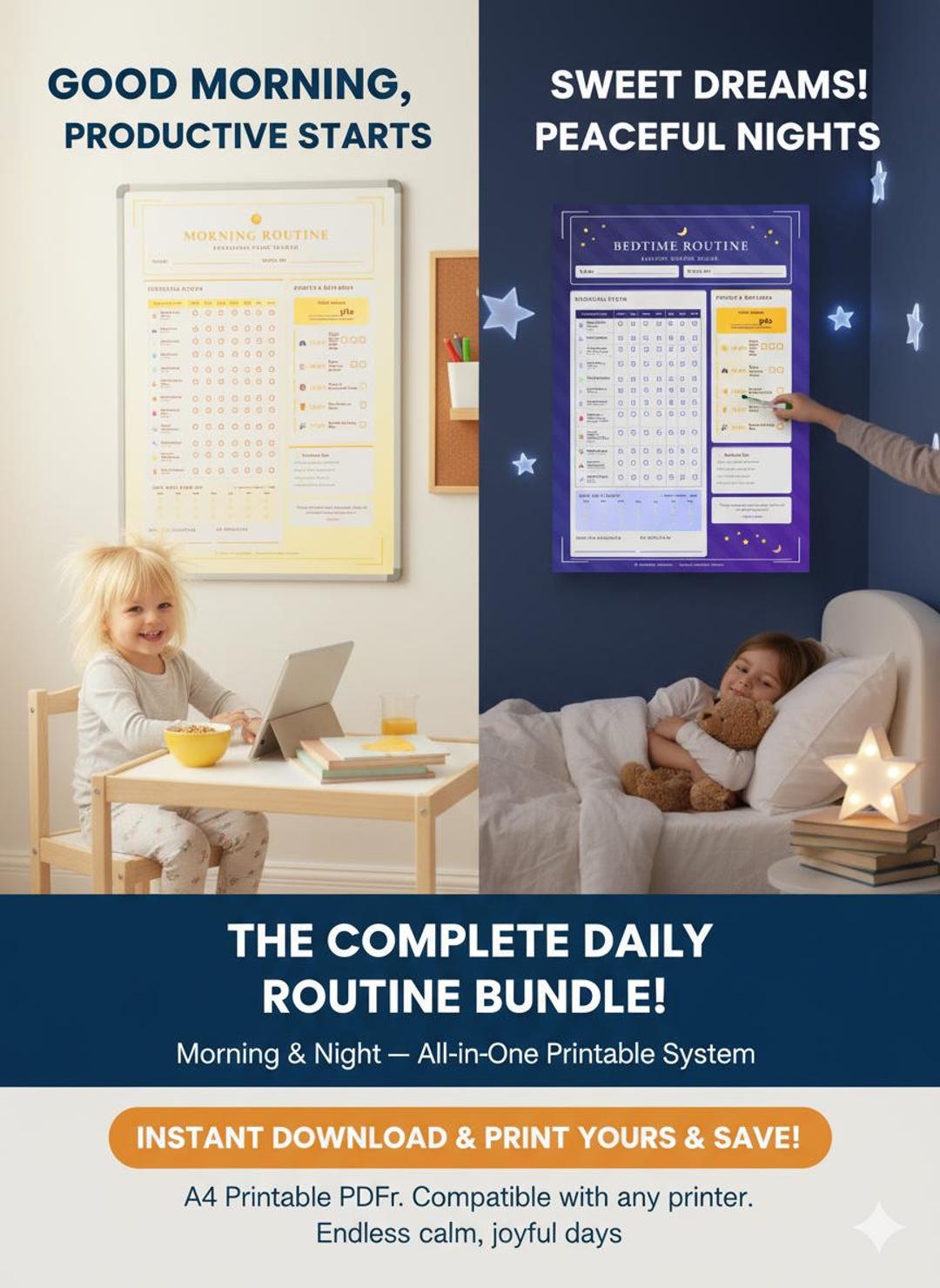 Kids Daily Routine Chart Bundle: Morning & Bedtime Tracker (printable ...