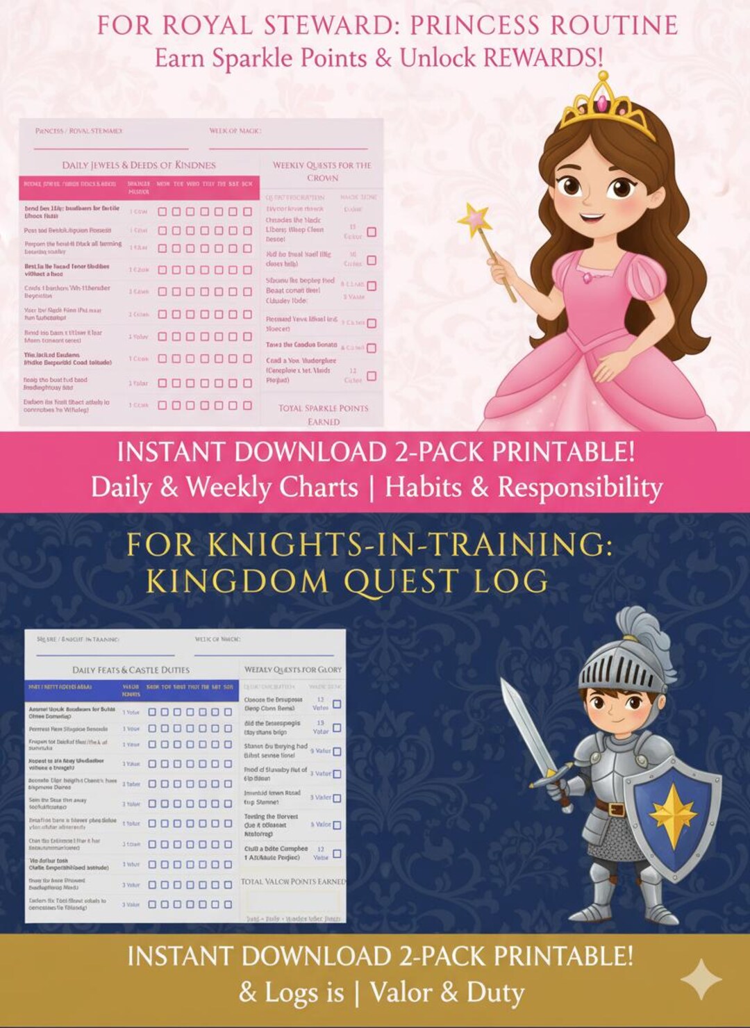 Kids Chore Chart Printable: Kingdom Quest & Princess Reward (PDF) - Etsy