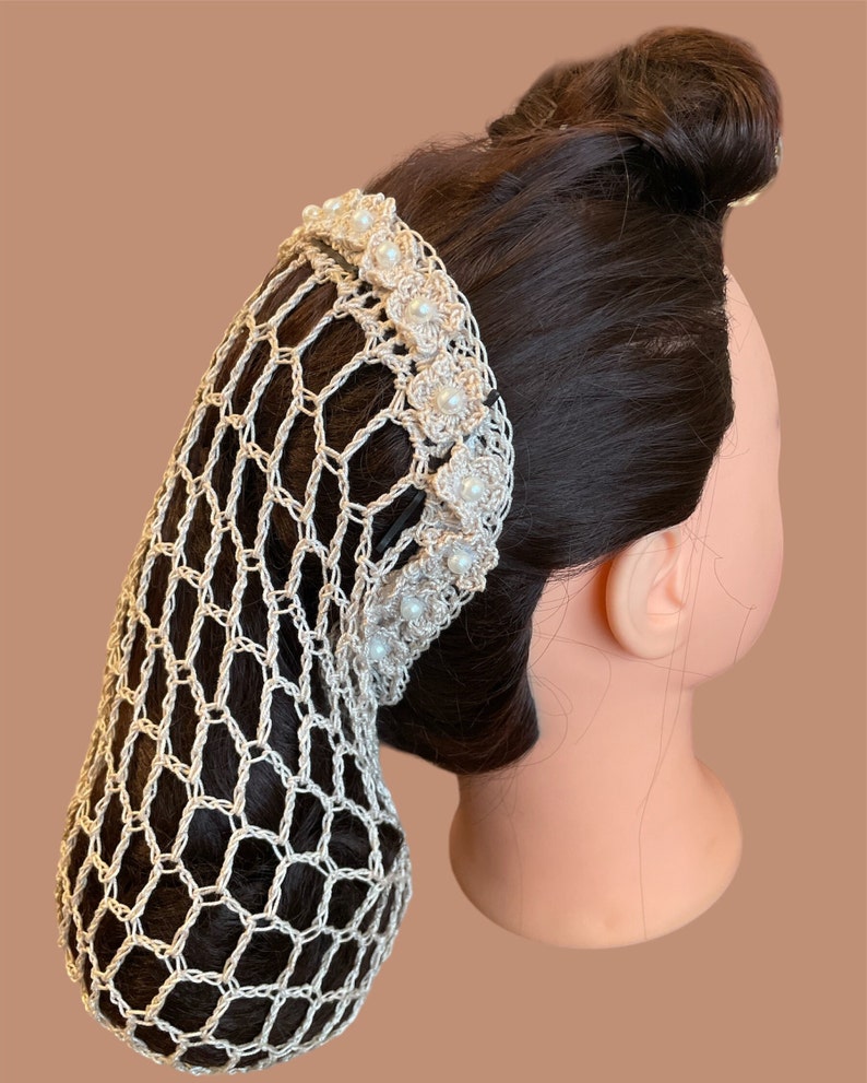 Vintage Crochet Hair Snood: Beaded Cotton Hair Net With Crocheted ...