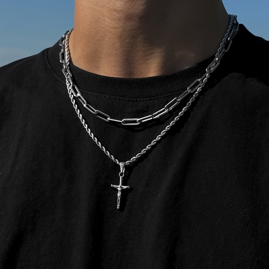 Jesus Cross Chain Silver Crucifix Necklace Men 3mm Twisted Rope Chain ...