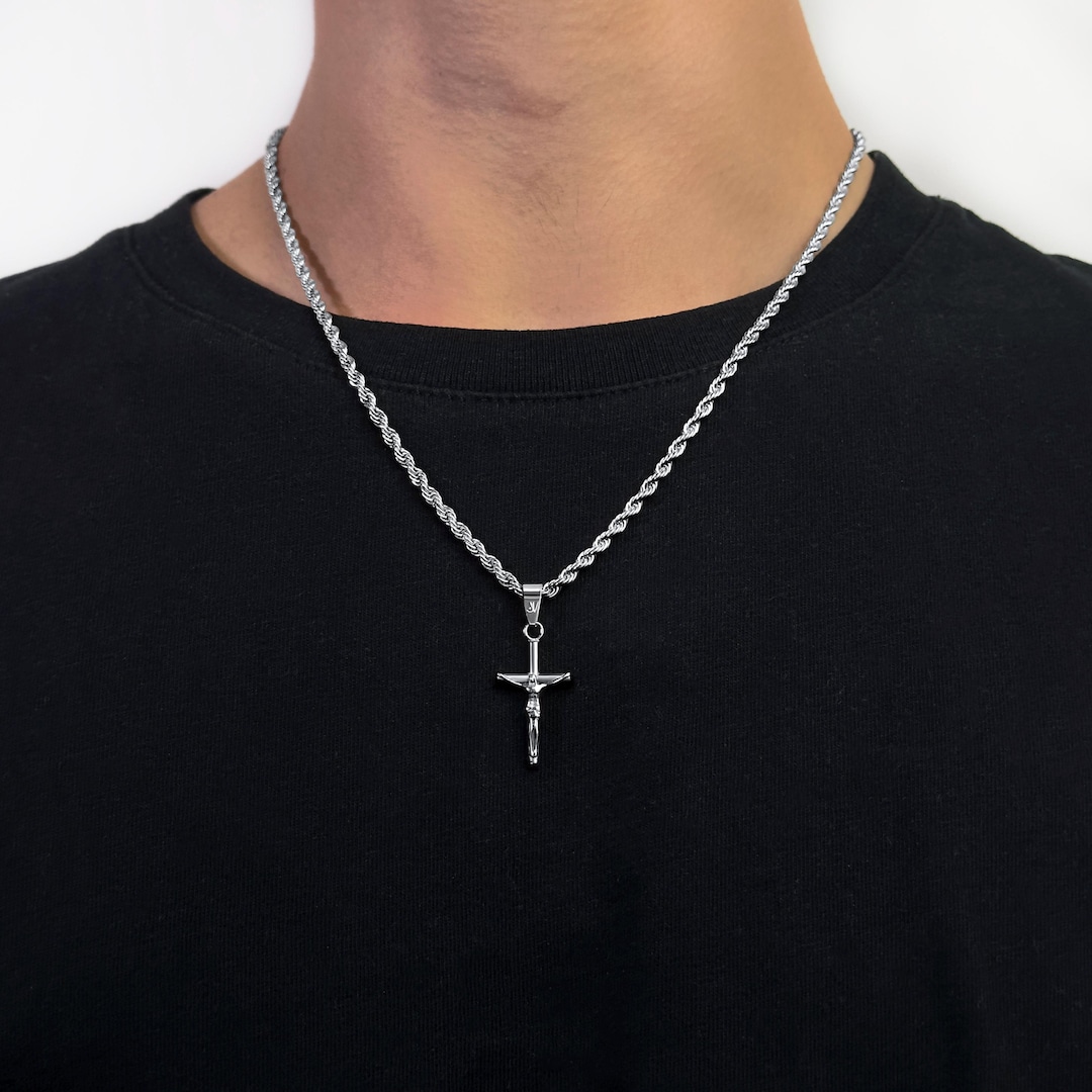 Jesus Cross Chain Silver | Crucifix Necklace Men | 3mm Twisted Rope ...