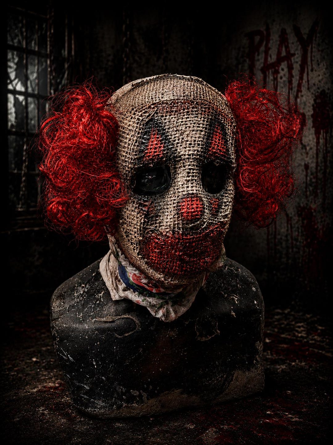 Scary Burlap Clown Mask – Creepy Red Hair Horror Prop, Haunted House ...