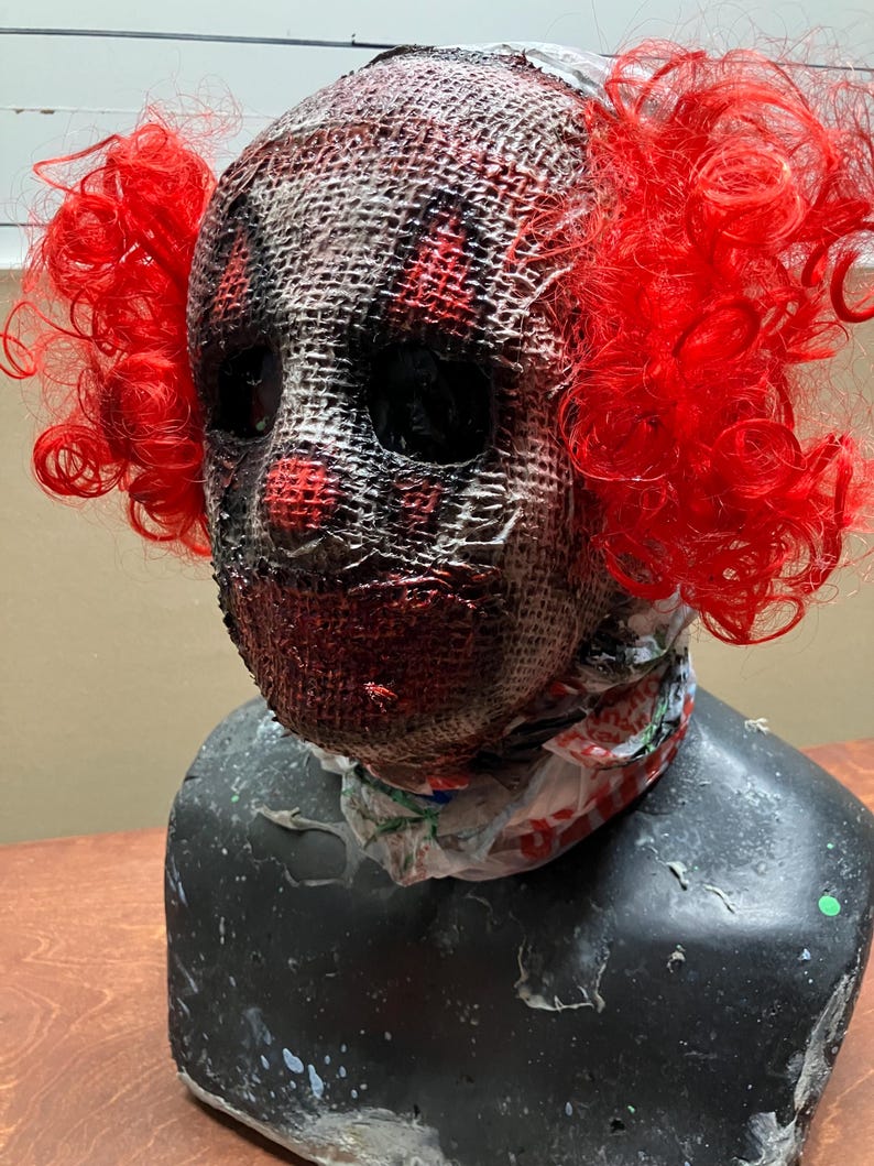 Scary Burlap Clown Mask – Creepy Red Hair Horror Prop, Haunted House ...