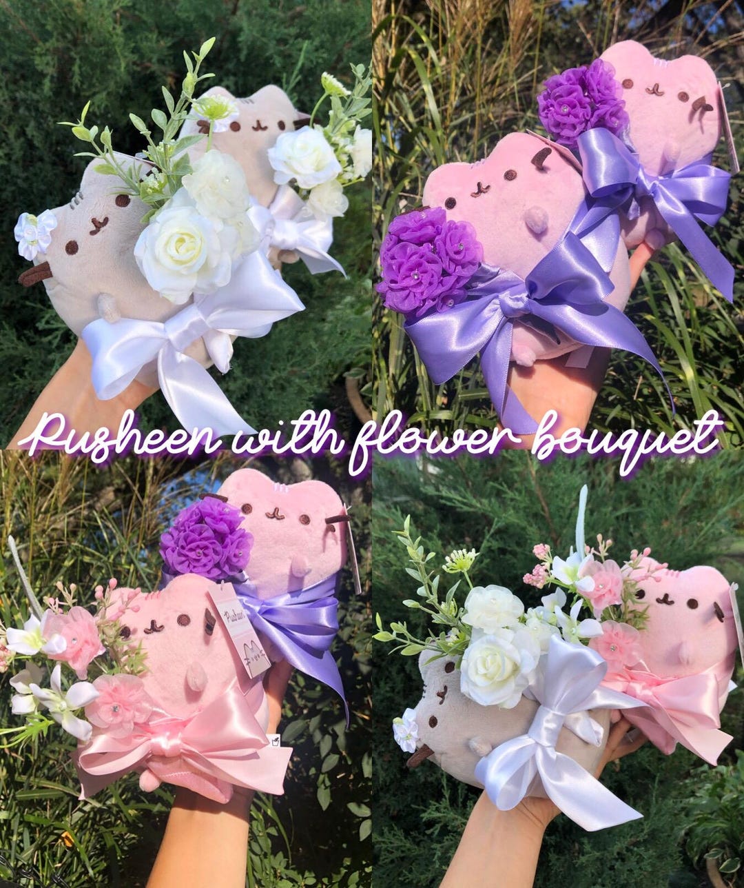 Pusheen Cat Plush or Stitch Holding Mini Boquet of Flowers. Gift for ...