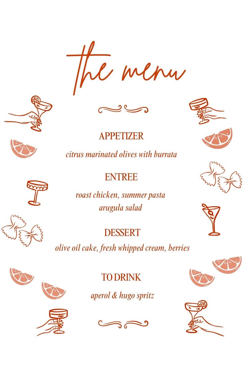 Aperol Spritz-themed Dinner Party Menu Printable Elegant Party Décor ...