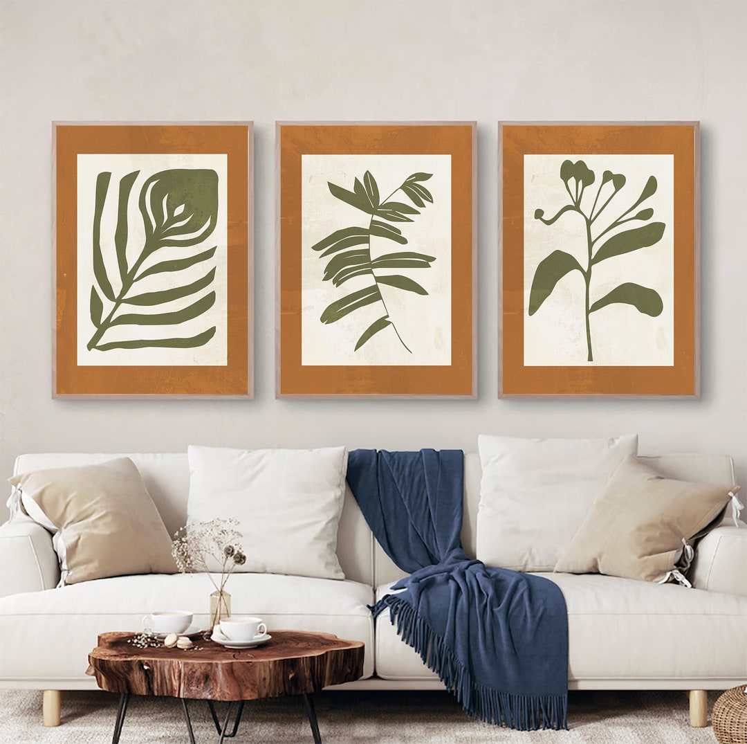 Botanical Wall Art Prints, Set of 3, Green Orange Beige, Modern Floral ...