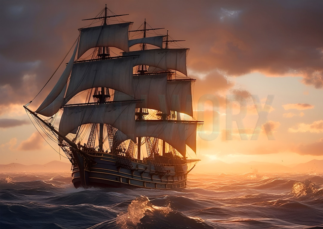A Pirate Ship Sailing the Seas at Sunset Poster Art - Etsy