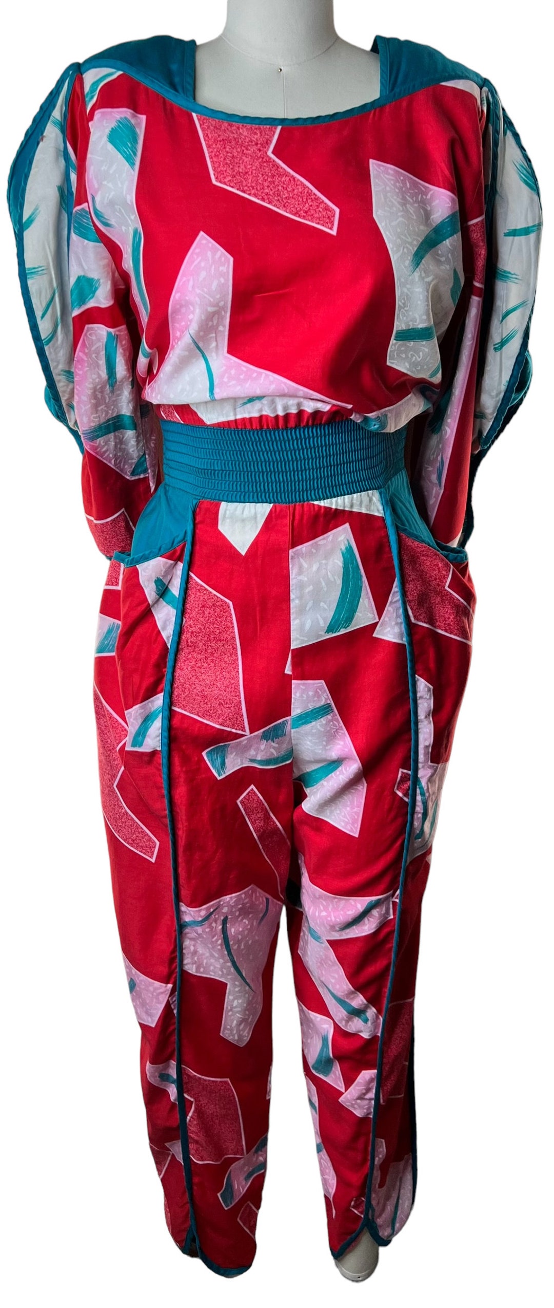 Rare Jeanne Marc for Montaldos Teal Red White Designer Jumpsuit Size ...