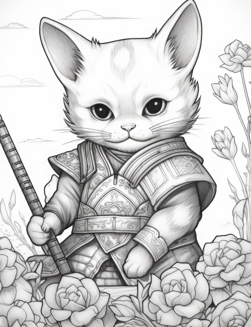 Samurai Cats Premium Coloring Page Printable Samurai Cat - Etsy