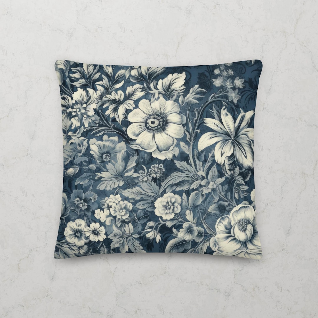 Toile De Jouy Blue Flowers Pattern Premium Designer Throw Pillow ...