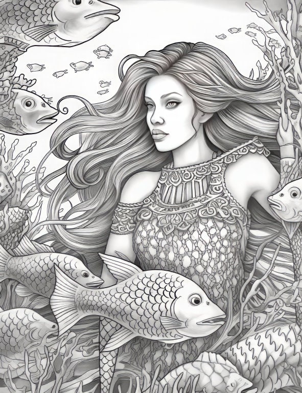 World of Mermaids | Premium Coloring Page | Printable Mermaid Adult ...