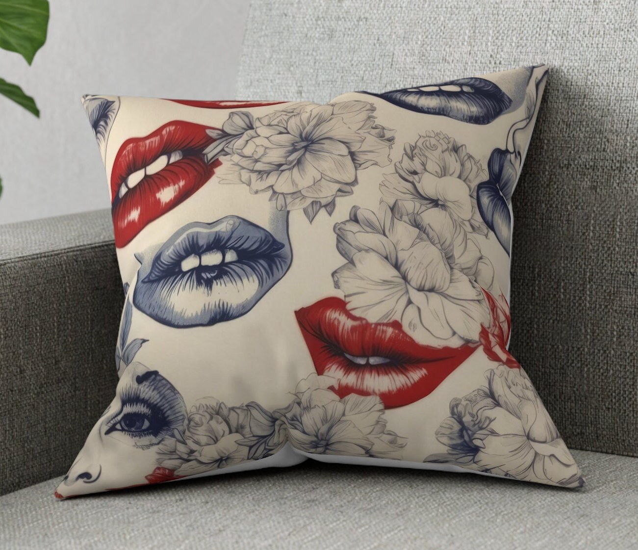 Colorful Toile De Jouy Red Blue Lips Flowers 16" Printed Broadcloth ...