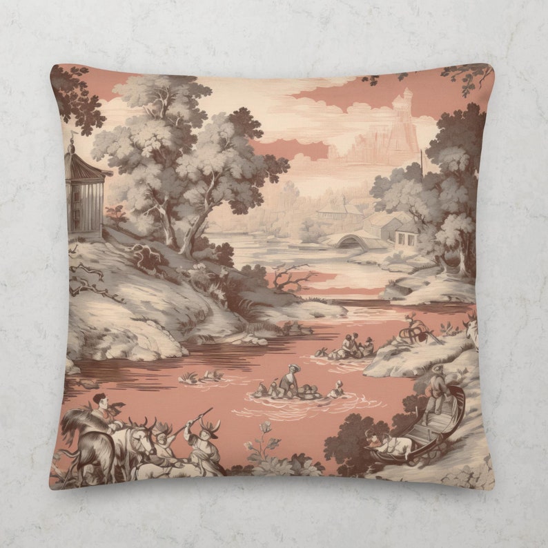 Pink Toile De Jouy Pattern Premium Throw Pillow by French Designer ...
