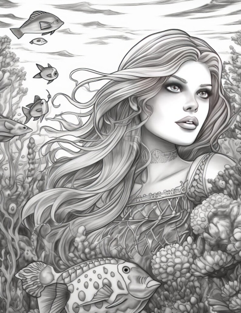 World of Mermaids | Premium Coloring Page | Printable Mermaid Adult ...
