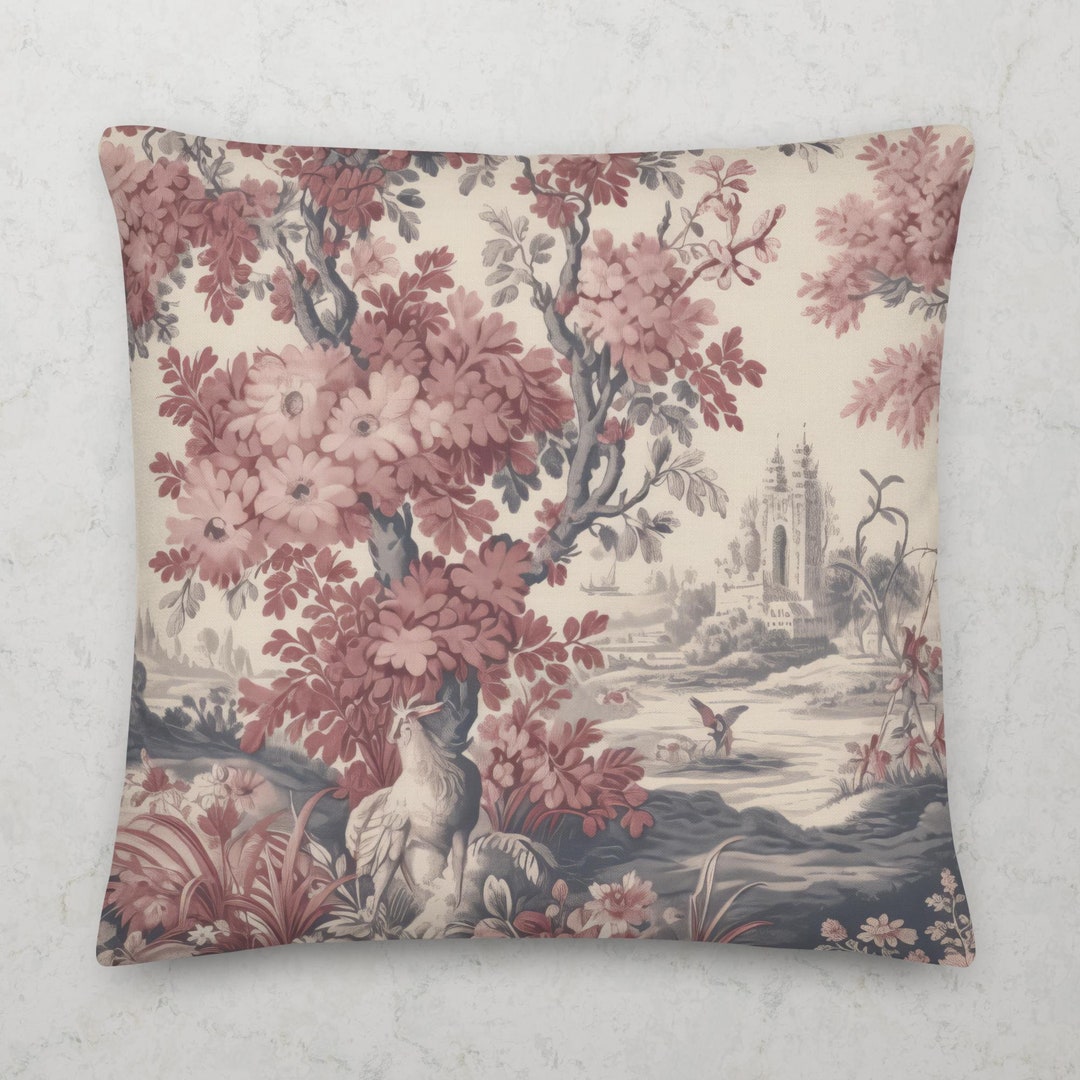 Rouge Toile De Jouy Birds Trees Pattern Premium Throw Pillow by French ...
