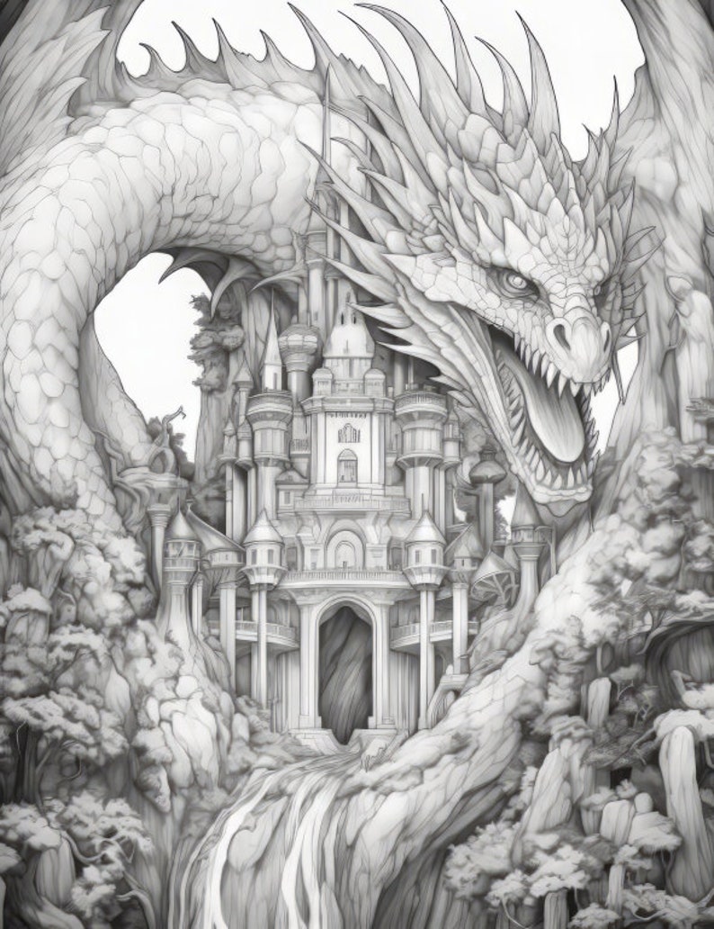 World of Dragons Premium Coloring Page Printable Dragon Adult Fantasy ...