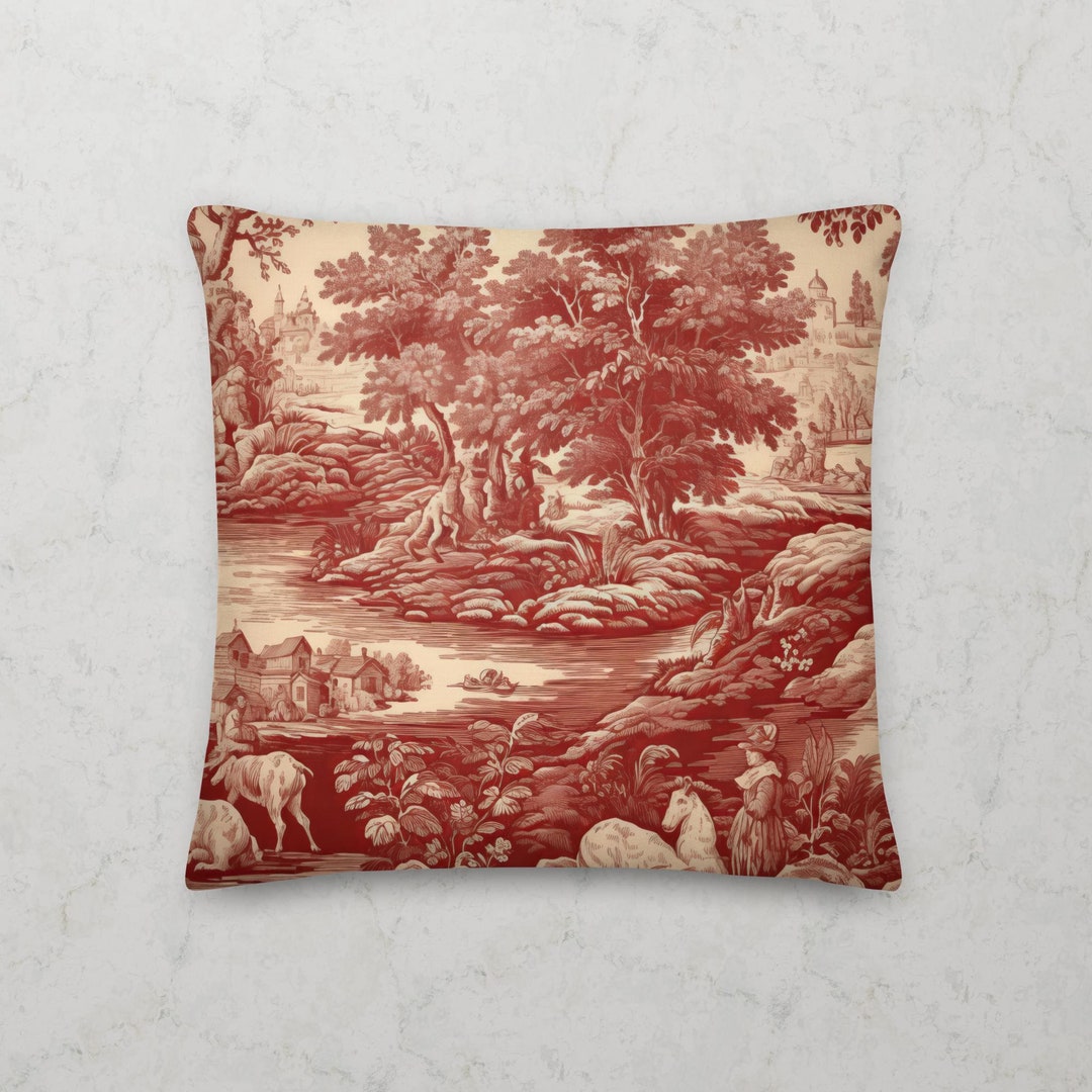 Red Toile De Jouy Pattern Premium Designer Throw Pillow Exclusively ...