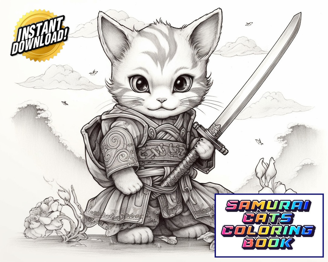Samurai Cats | Premium Coloring Pages | Printable Samurai Cat Adult ...