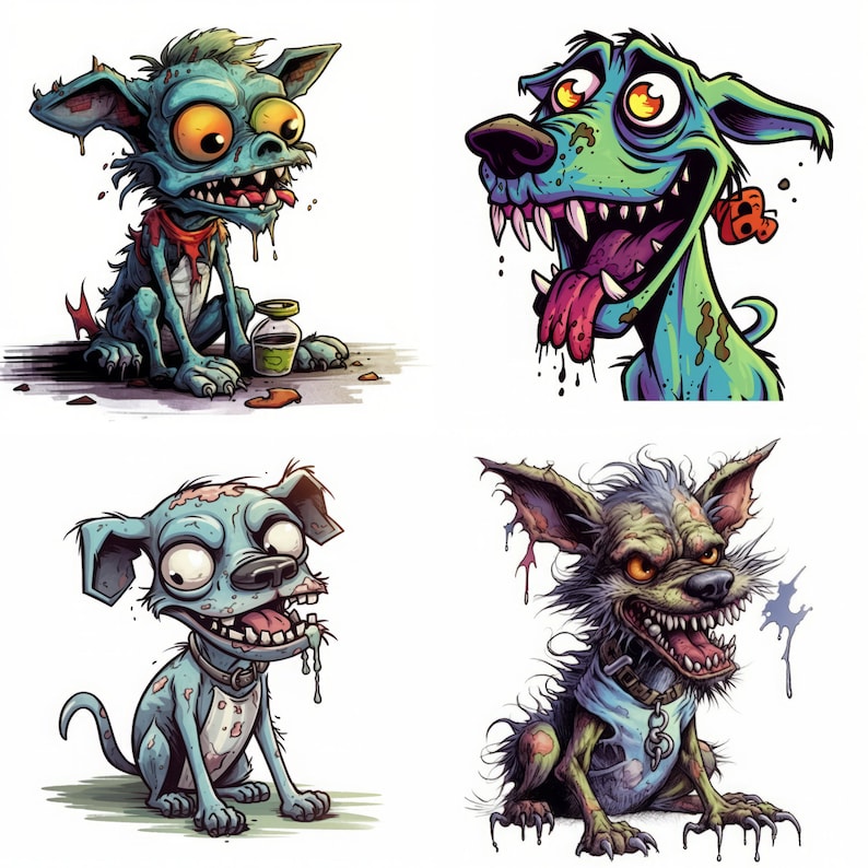 150 Original Colorful Zombie Dogs Clip Art Designs HD PNG Image Bundle ...