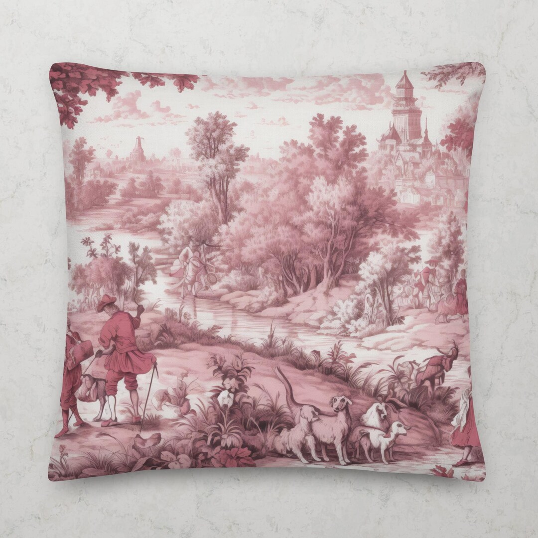Pink Rosé Toile De Jouy Pattern Premium Throw Pillow by French Designer ...