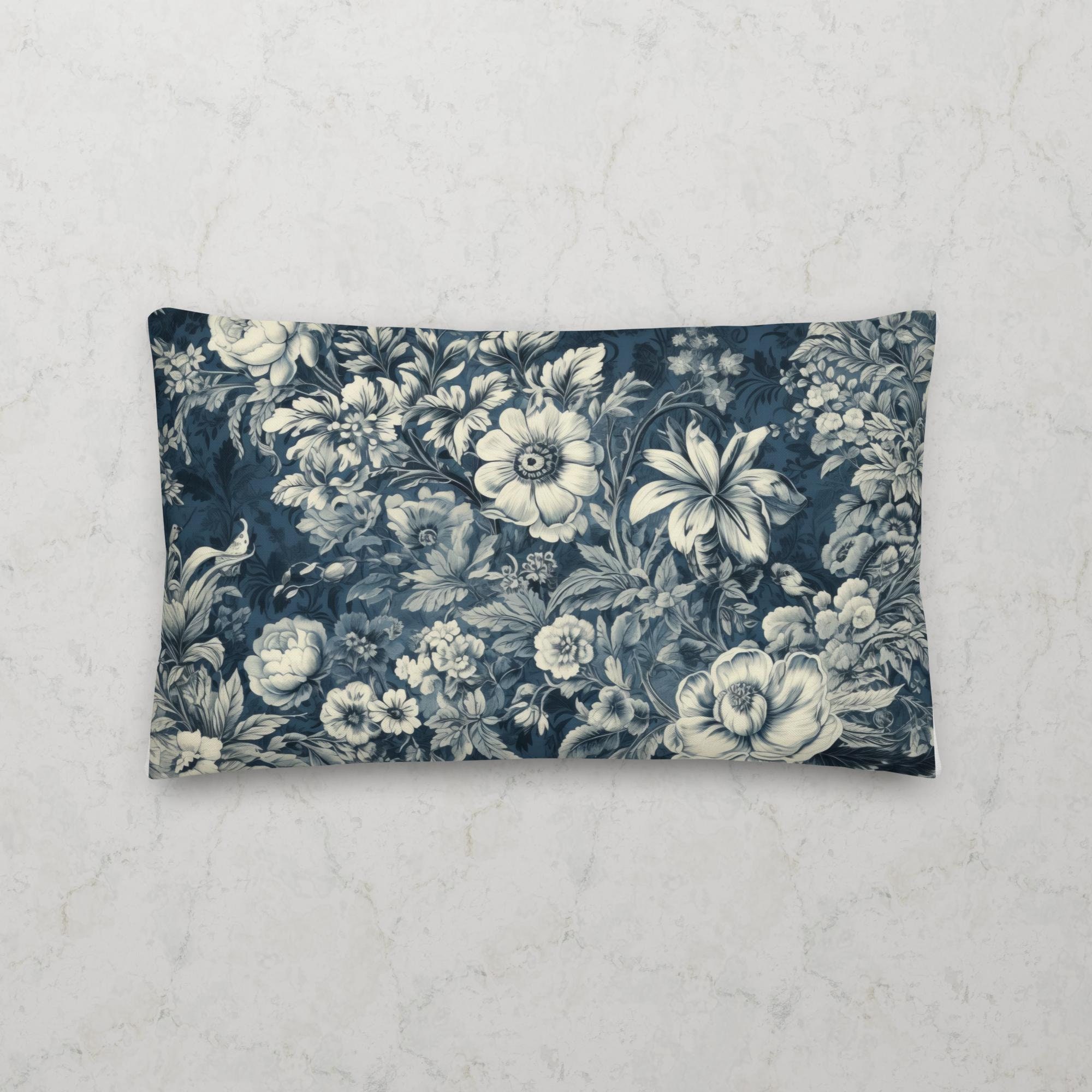 Toile De Jouy Blue Flowers Pattern Premium Designer Throw Pillow ...