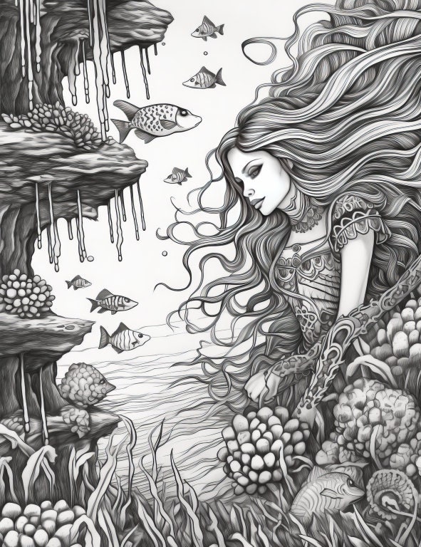 World of Mermaids | Premium Coloring Page | Printable Mermaid Adult ...