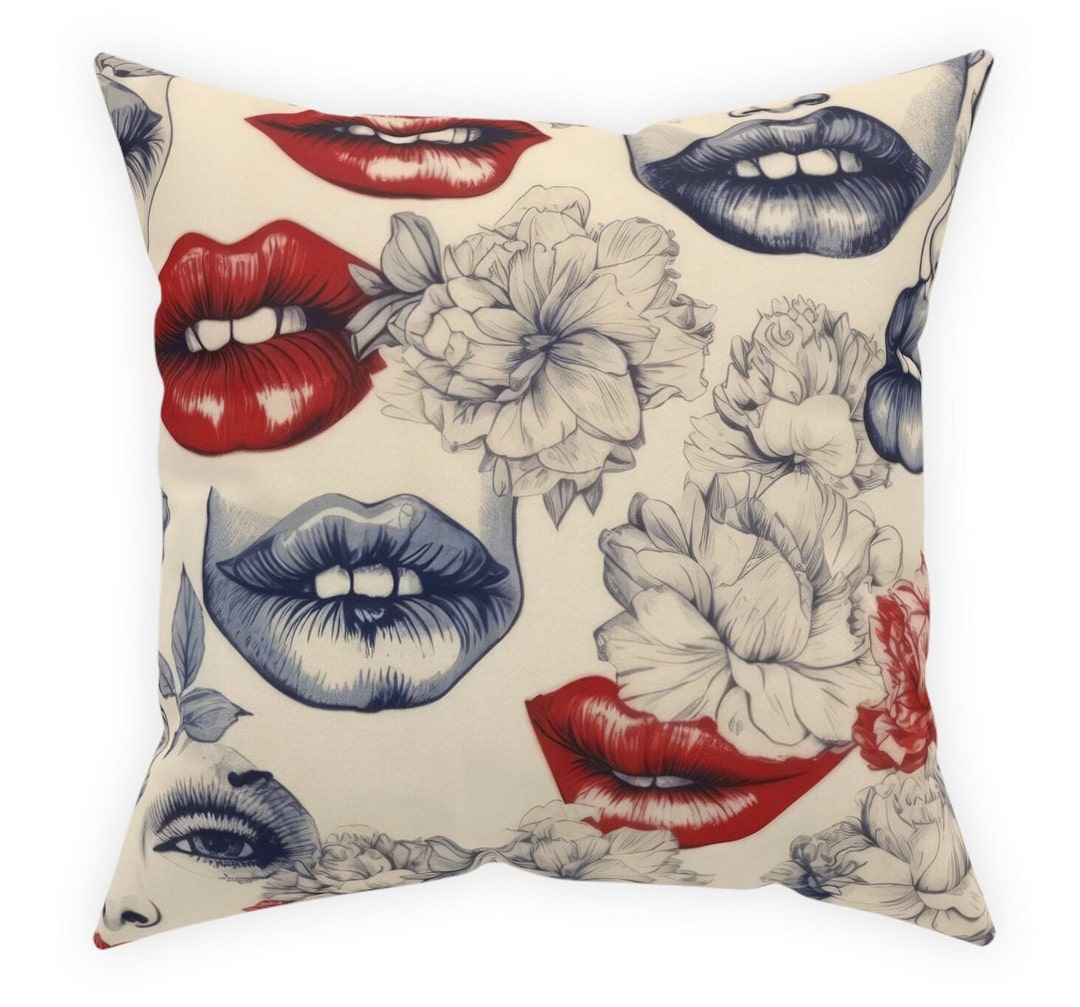 Colorful Toile De Jouy Red Blue Lips Flowers 16" Printed Broadcloth ...