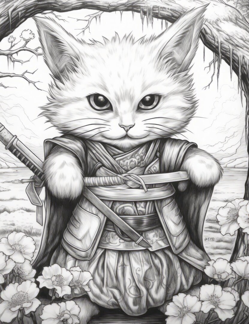 Samurai Cats | Premium Coloring Pages | Printable Samurai Cat Adult ...