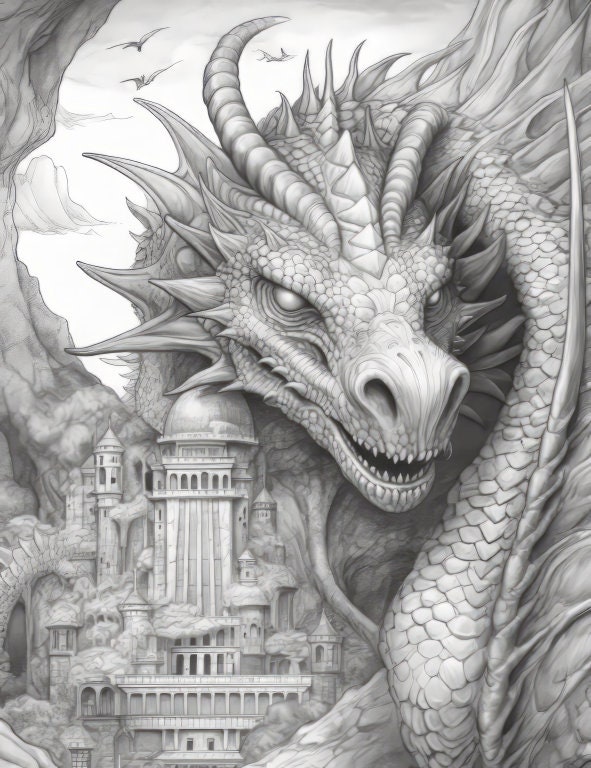 World of Dragons Premium Coloring Page Printable Dragon Adult Fantasy ...