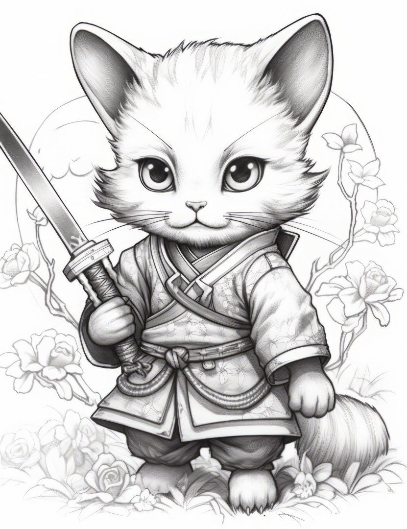 Samurai Cats | Premium Coloring Pages | Printable Samurai Cat Adult ...