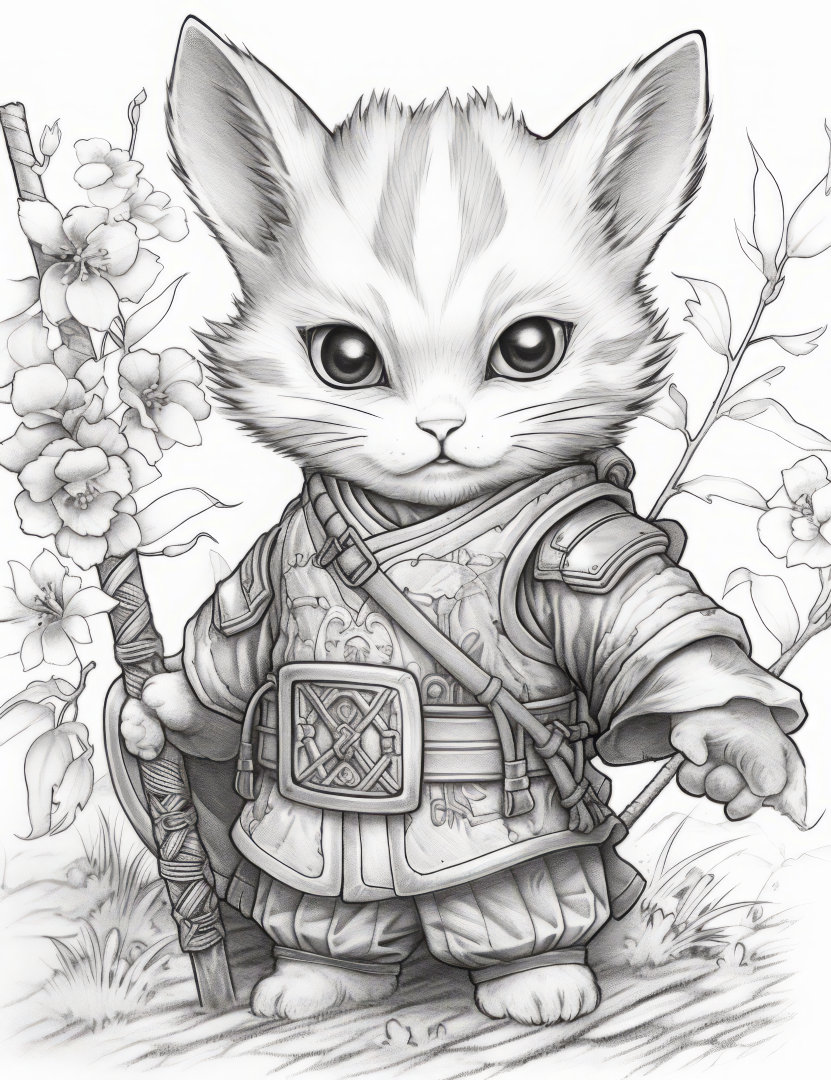 Samurai Cats | Premium Coloring Pages | Printable Samurai Cat Adult ...