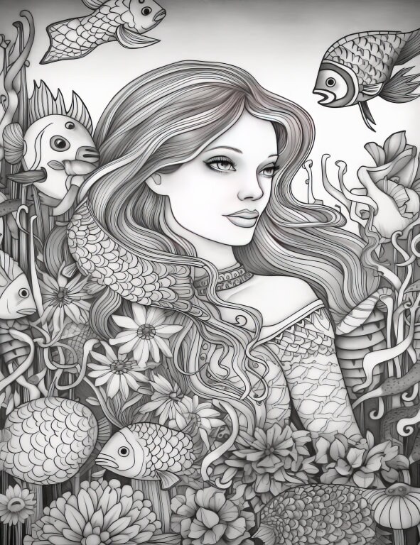 World of Mermaids | Premium Coloring Page | Printable Mermaid Adult ...