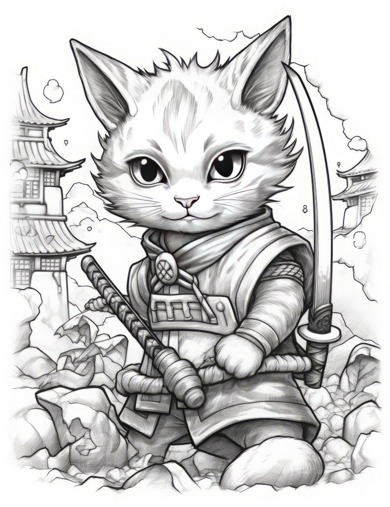 Samurai Cats | Premium Coloring Pages | Printable Samurai Cat Adult ...