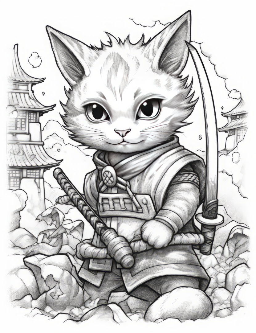 Samurai Cats Premium Coloring Page Printable Samurai Cat Adult Fantasy ...
