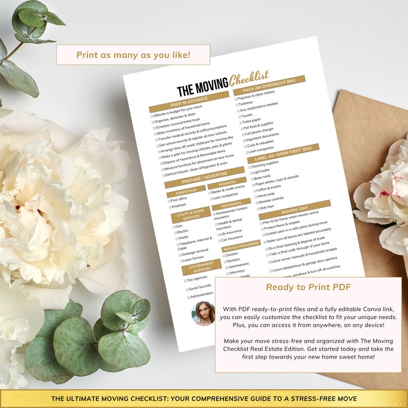 Moving Checklist, Printable Moving Planner Canva Editable Printable PDF ...