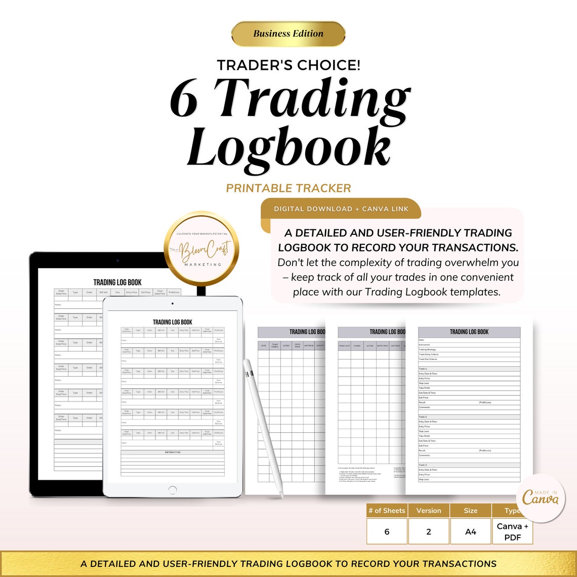 Editable Trading Journal Log Book Canva Template for Tracking and ...