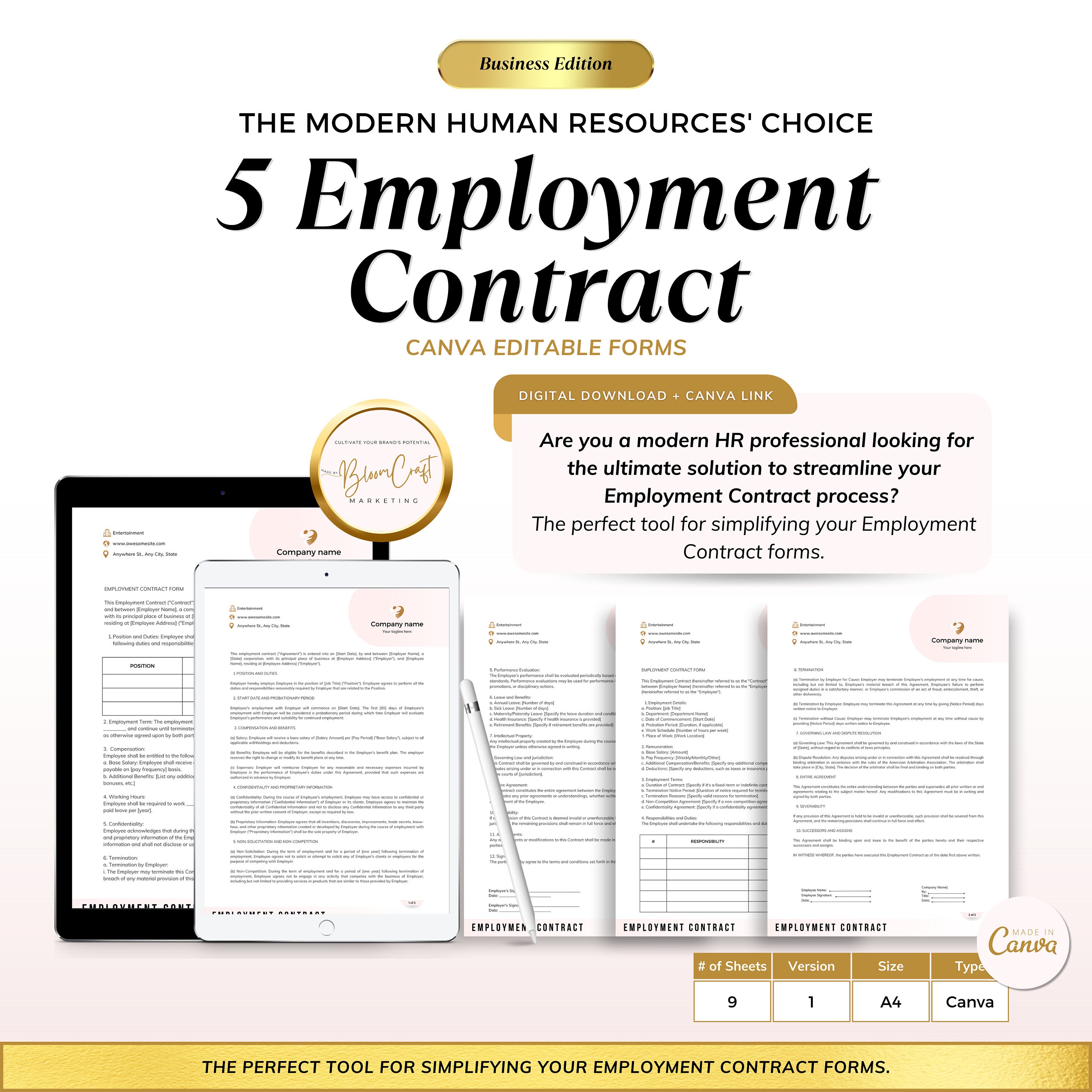 5 Employment Contract Forms Canva Templates for Streamlined Hiring ...