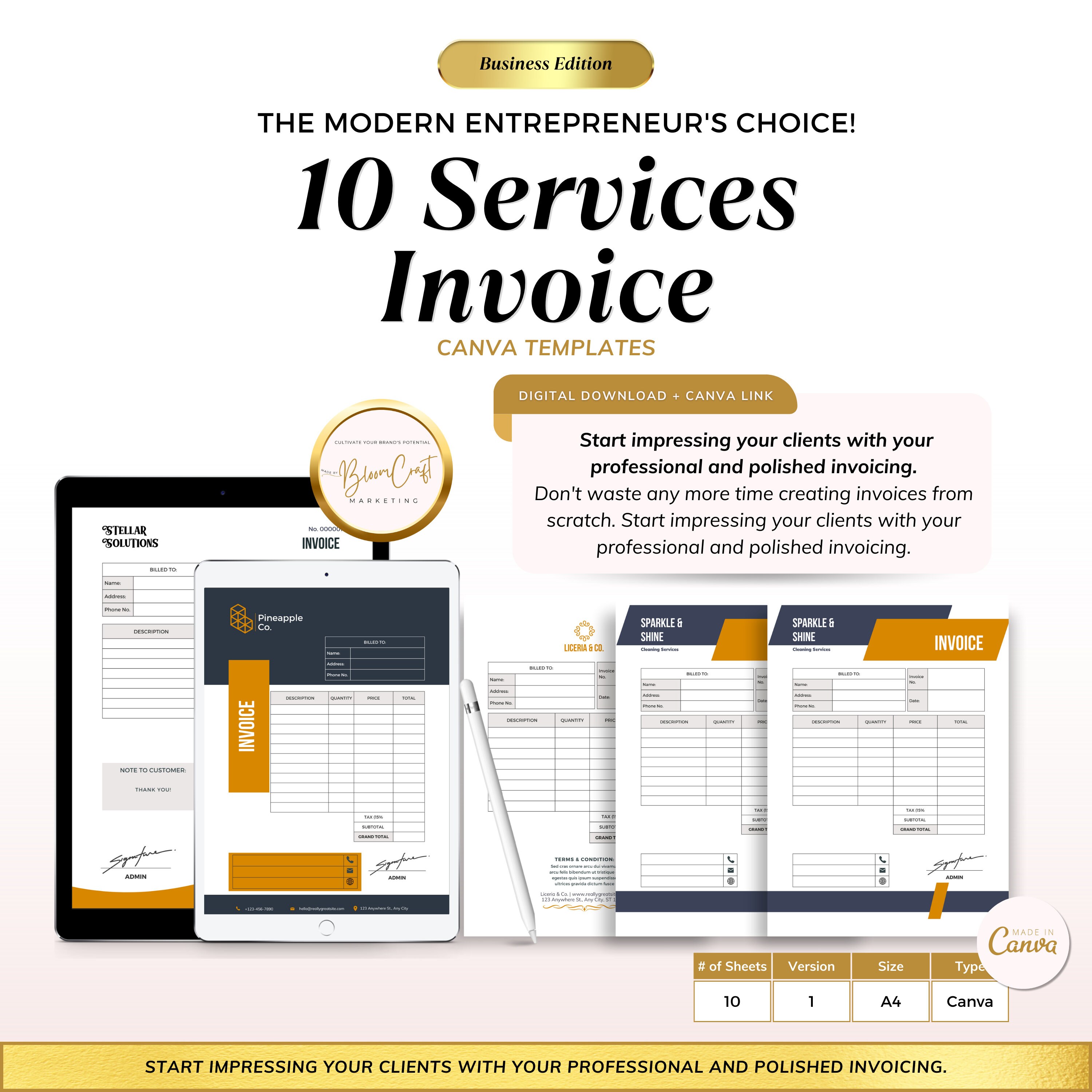 10 Service Invoice Templates for Small Business Customizable - Etsy