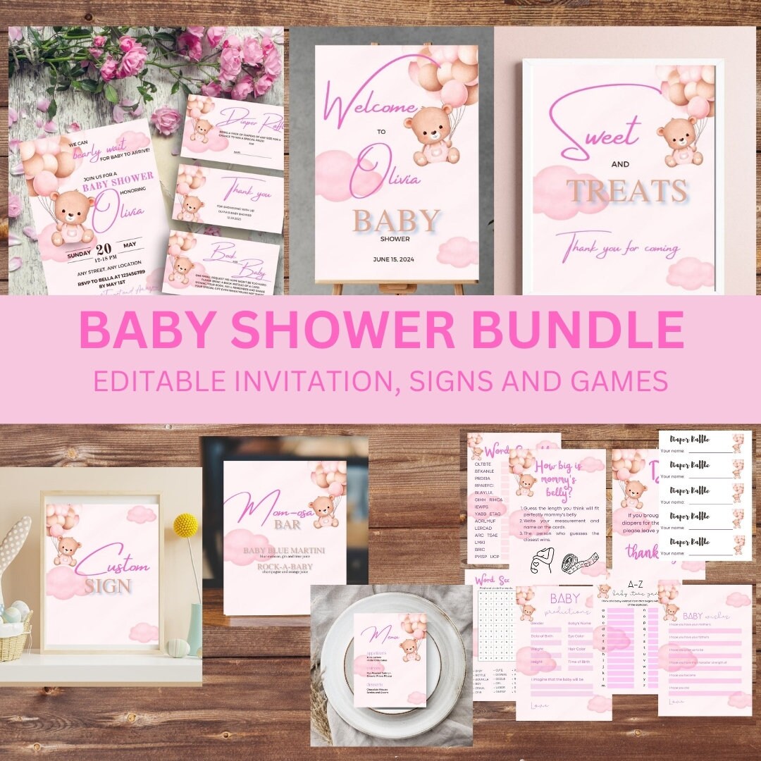 Editable Teddy Bear Baby Shower Bundle, Baby Girl Shower, Teddy Bear ...