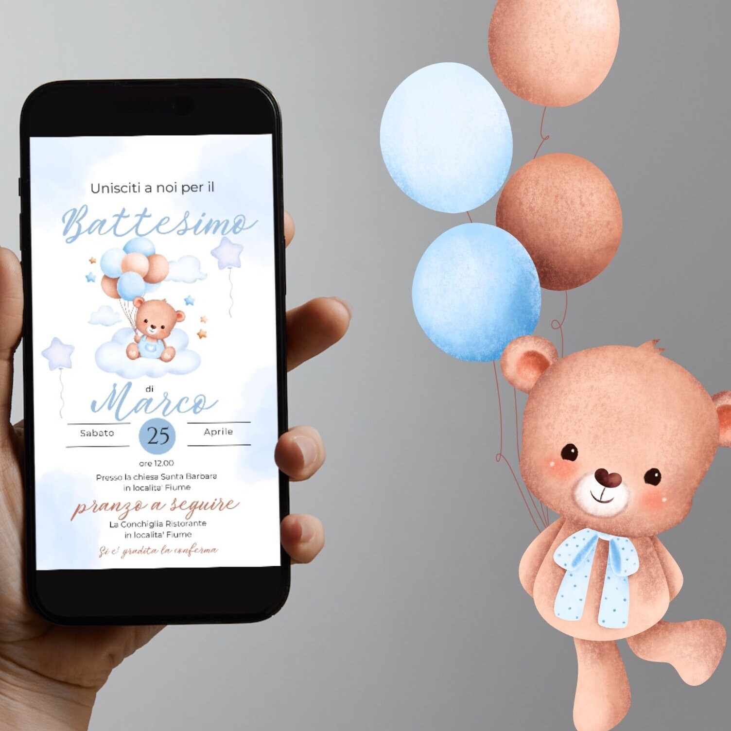 Invito battesimo orsetto blu, invito orso compleanno bimbo, inviti ...