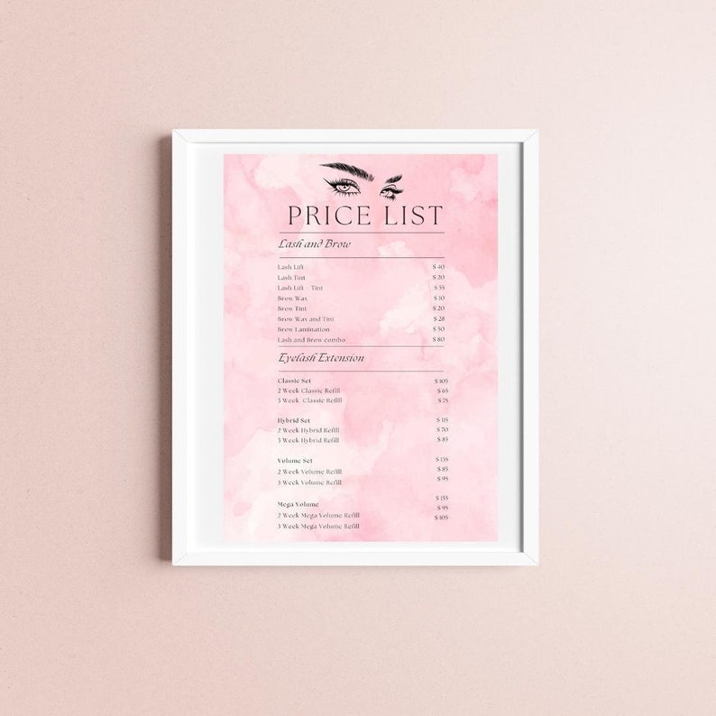 Eyelash Extensions Price List Template, Lash and Brow, Instant Download ...
