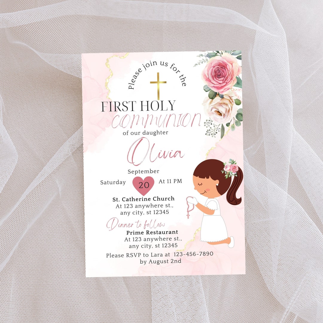 EDITABLE First Holy Communion Invitation, communion invite, floral pink ...