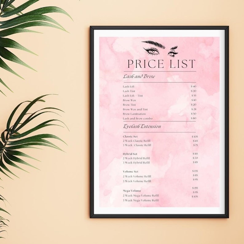 Eyelash Extensions Price List Template, Lash and Brow, Instant Download ...