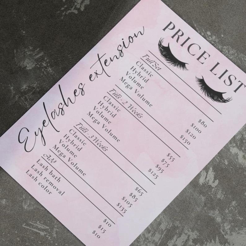 Eyelash Extensions Price List Template, Lashes Price List, Instant ...