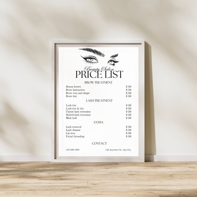 Eyelash Extensions Price List Template, Brow and Lashes Price List ...