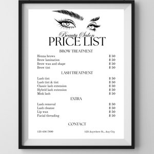 Eyelash Extensions Price List Template, Brow and Lashes Price List ...
